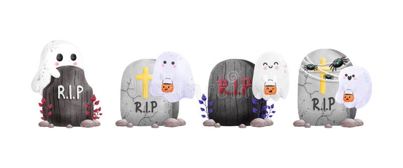 Set of Collection Gravestone Rip with Cute Ghost Halloween Rip ...