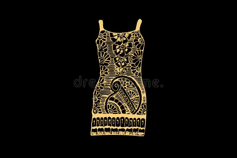 Zentangle Art for Woman Dress with Gold Color Isolated on Dark Black ...