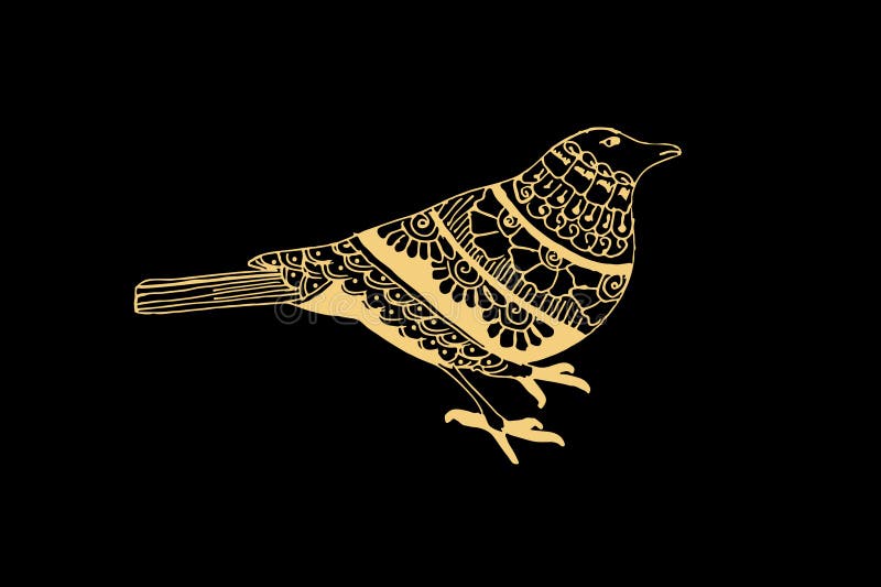 Zentangle Art for Sparrow Bird with Gold Color Isolated on Dark Black ...