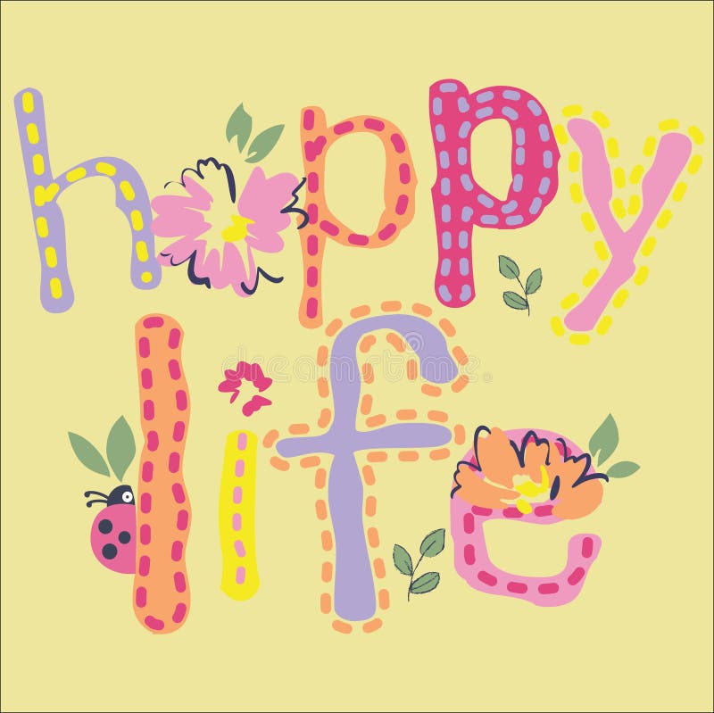 Doodle Floral Text Typo Happy Life Graphic Stock Vector - Illustration ...