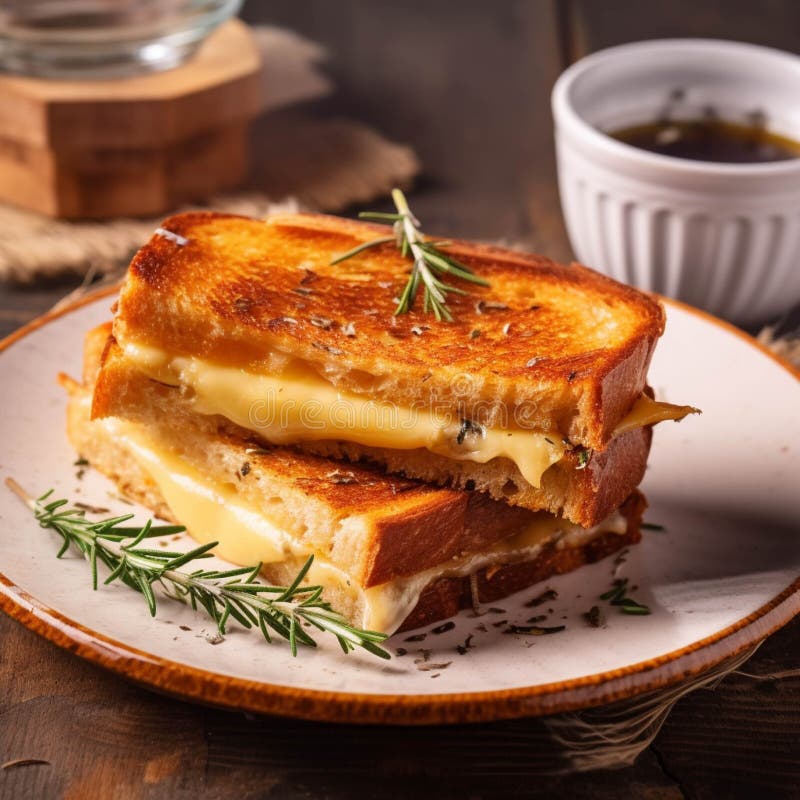 Grilled Toast with Cheese and Herbs on a Wooden Background Stock ...