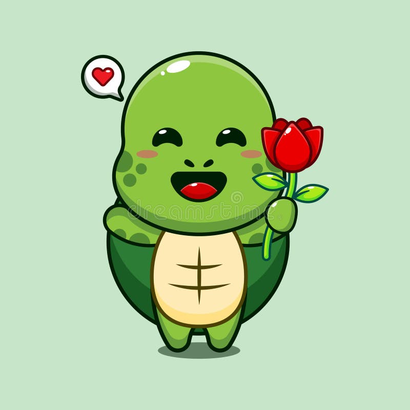 Cute Turtle Holding Rose Flower Cartoon Vector Illustration. Stock ...
