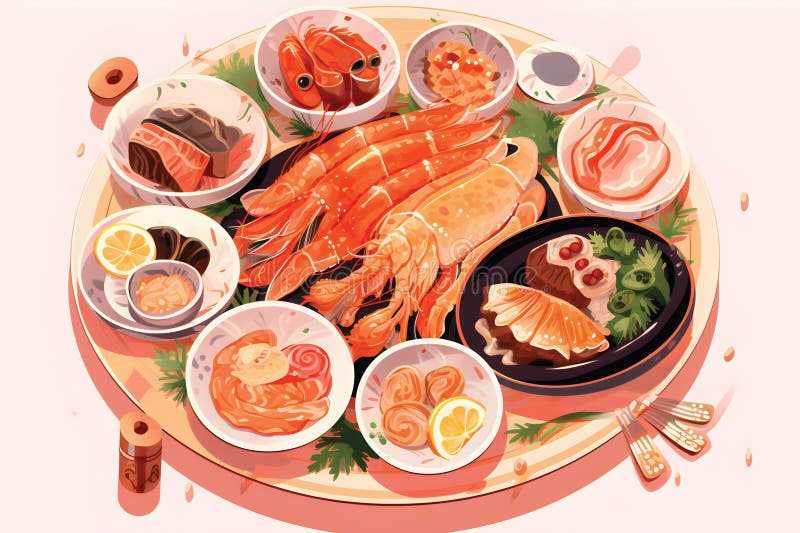 Seafood Meals Set in Cartoon Style.GenerativeAI. Stock Illustration ...