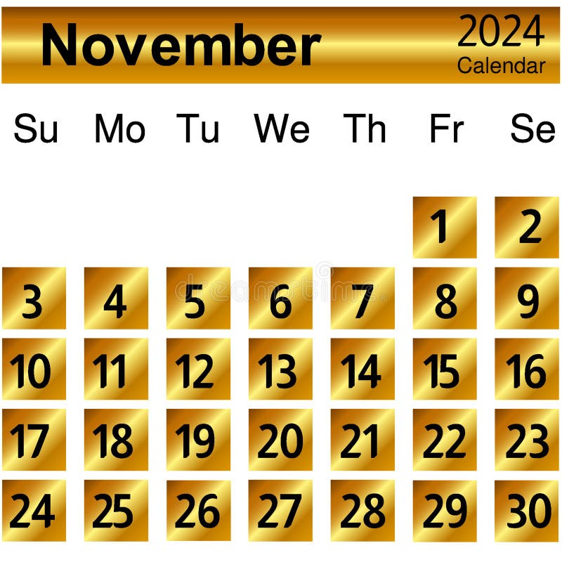 November Month Calendar 2024 Stock Vector - Illustration of plan, gold ...