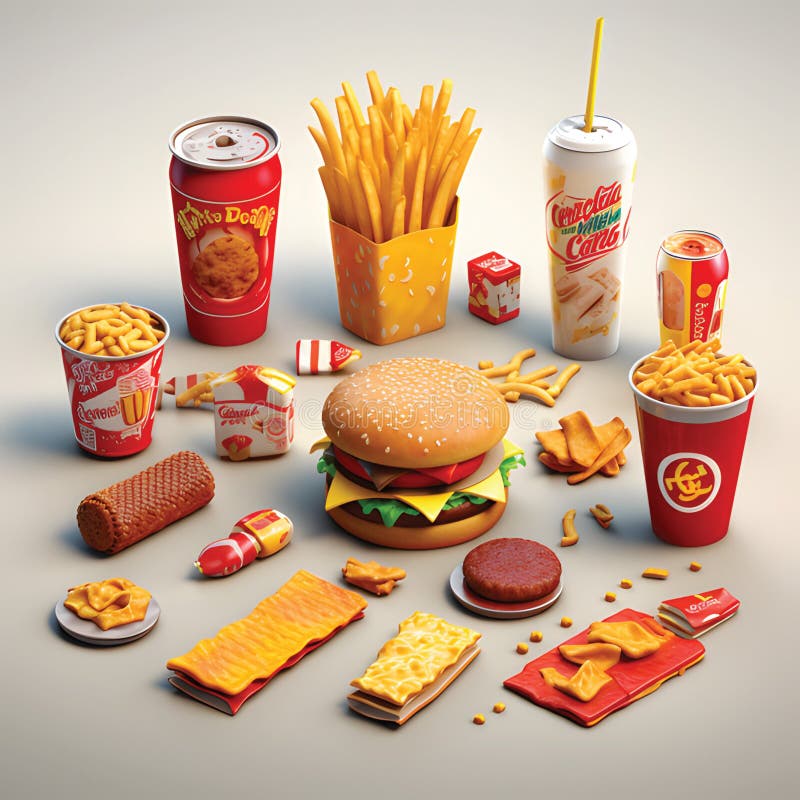 Big Group of Fast Food Products.Fast Food 3d Realistic Render Vector ...