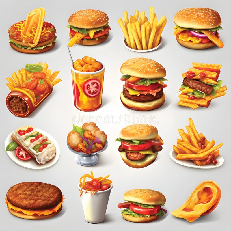 Big Group of Fast Food Products.Fast Food 3d Realistic Render Vector ...
