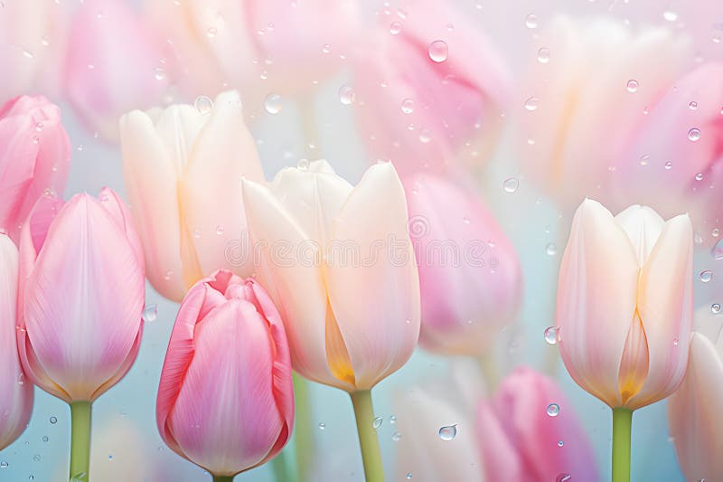 Pastel Tulip Flower in Drops of Water Close-up for Background ...