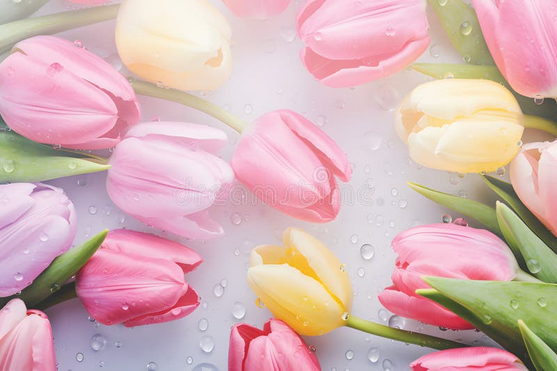 Pastel Tulip Flower in Drops of Water Close-up.GenerativeAI. Stock ...