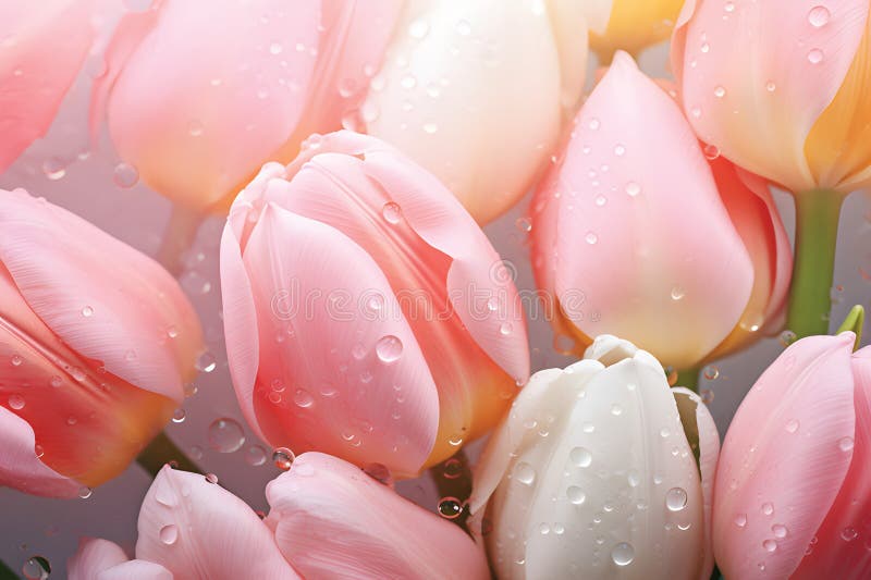 Pastel Tulip Flower in Drops of Water Close-up.GenerativeAI. Stock ...