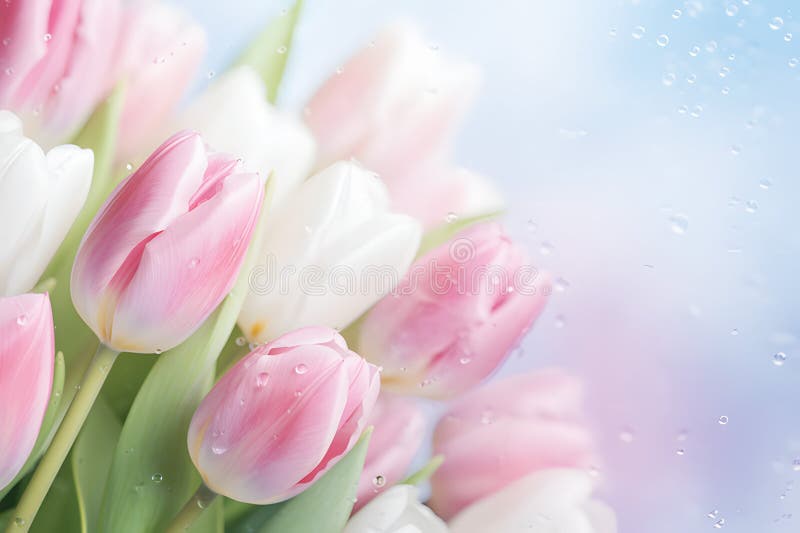 Pastel Tulip Flower in Drops of Water Close-up for Background ...