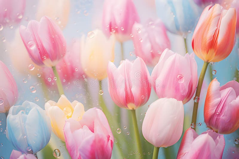 Pastel Tulip Flower in Drops of Water Close-up for Background ...