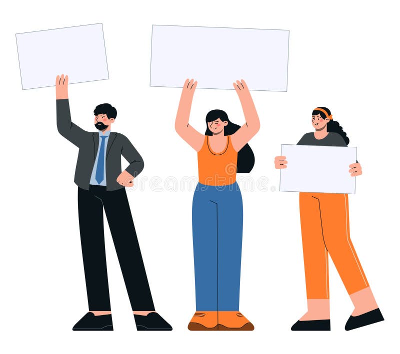 Group of People Standing with White Banners. Flat Vector Minimalist ...
