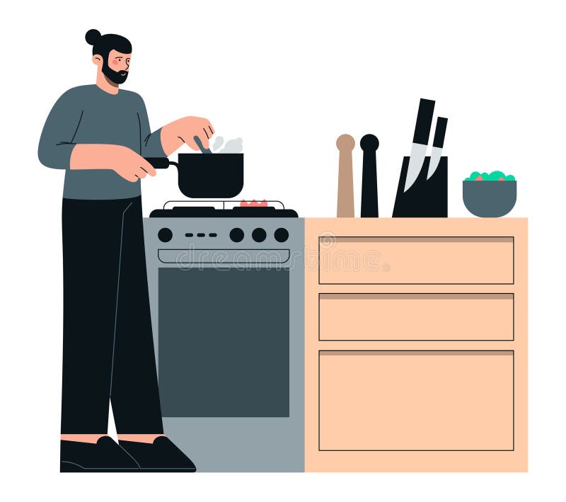 Smiling Man Cooking and Mixing Food in Pan on Kitchen. Flat Minimalist ...