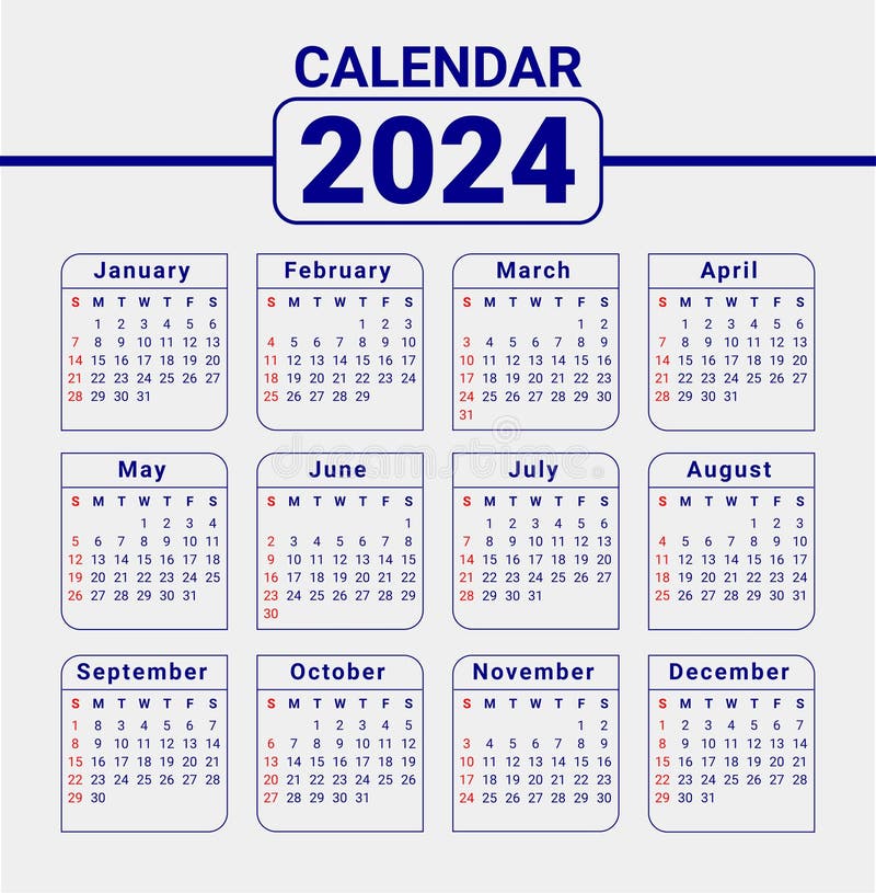 2024 Calendar Template Design Week Start with Sunday Blue Calendar ...