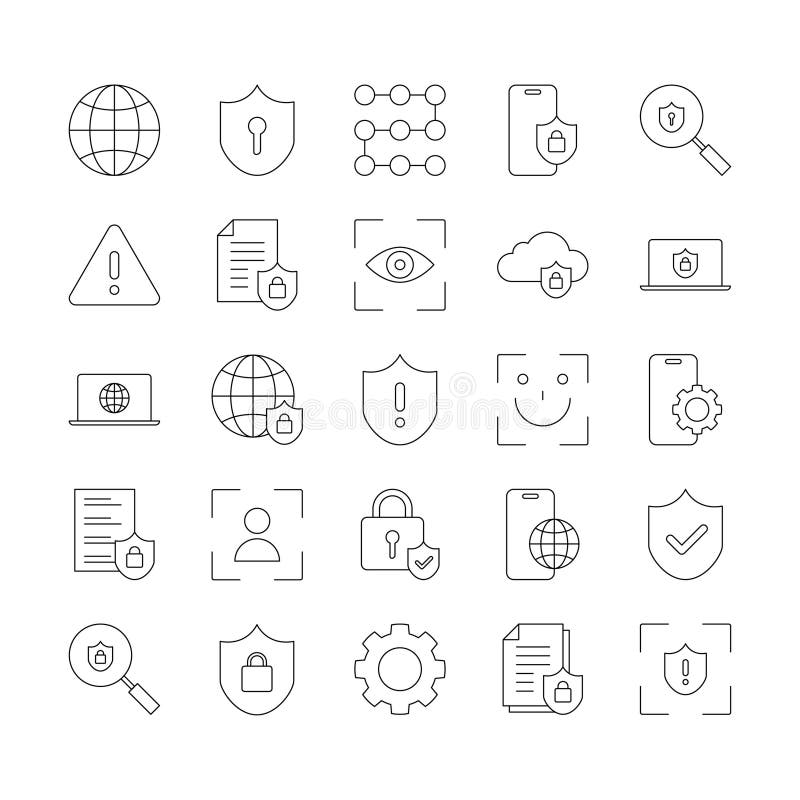 Set of Black and White Security Icons in Vector Line Illustration Stock ...
