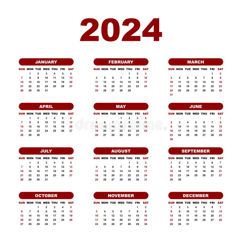 2024 Calendar in Dark Red Vector Design Template Stock Vector ...