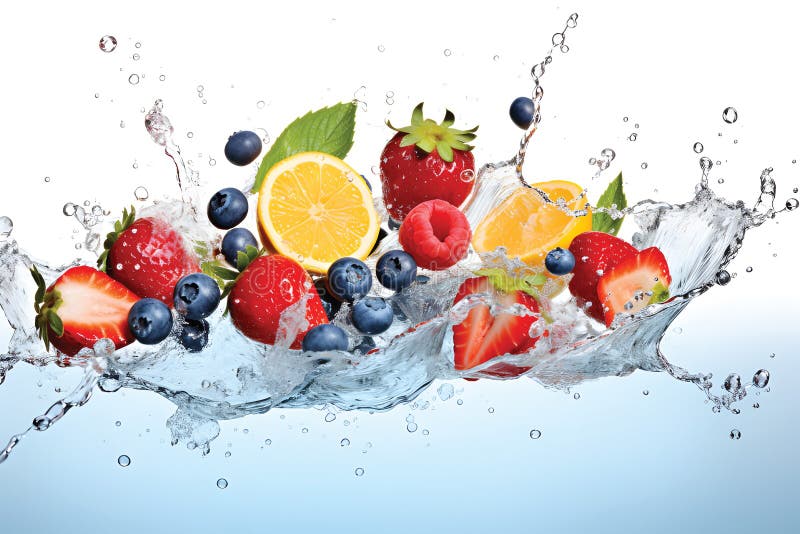 Many Fresh Fruit Splashes, Clear Blue Water Splash, Healthy Food ...