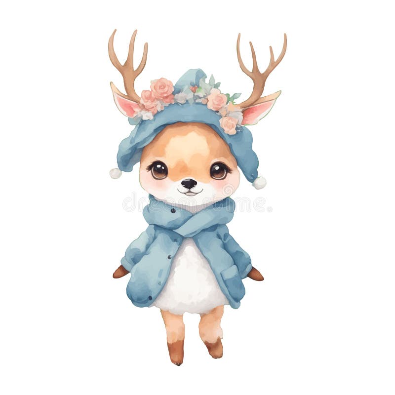 Kawaii Cute Little Deer Watercolor Wearing Vintage Winter Costume Merry ...