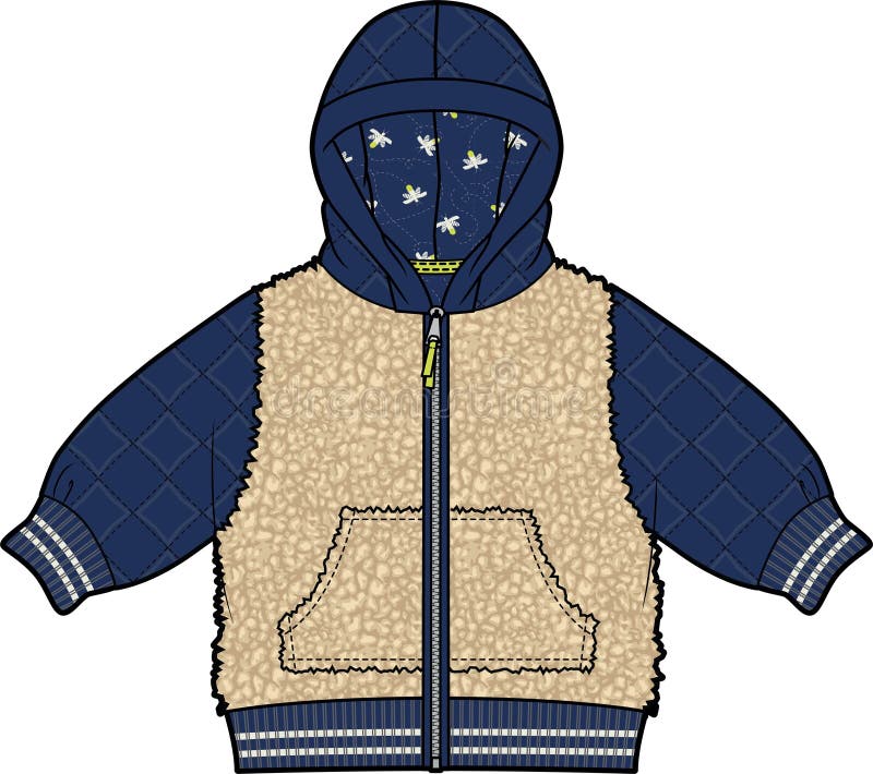 Kids Mixed Fabric Fur Jacket with Hood Stock Vector - Illustration of ...