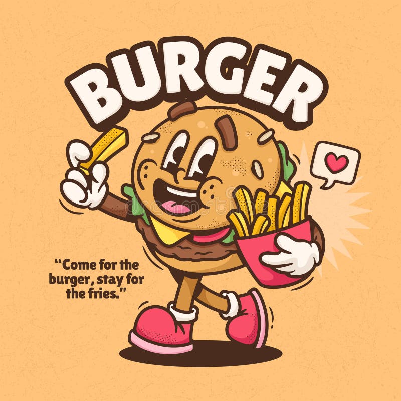 Burger Cute Trendy Retro Cartoon Vector Hand Drawn 1 Stock Vector ...