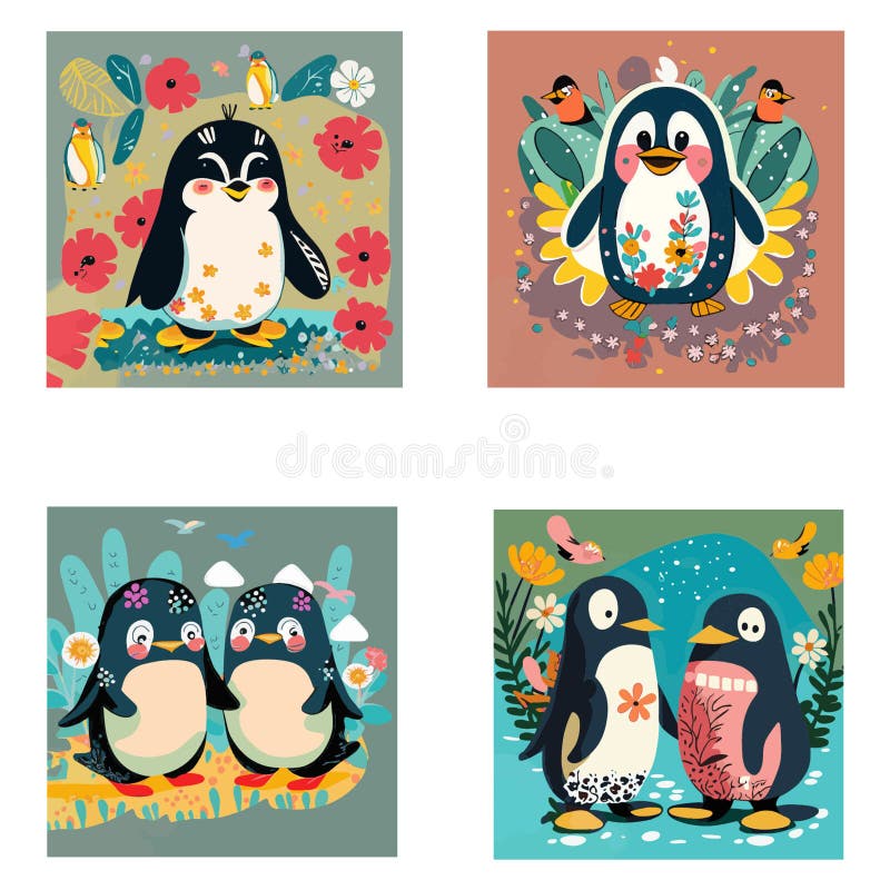 Abstract Illustration with Cartoon Cute Penguins T-shirt Design Stock ...
