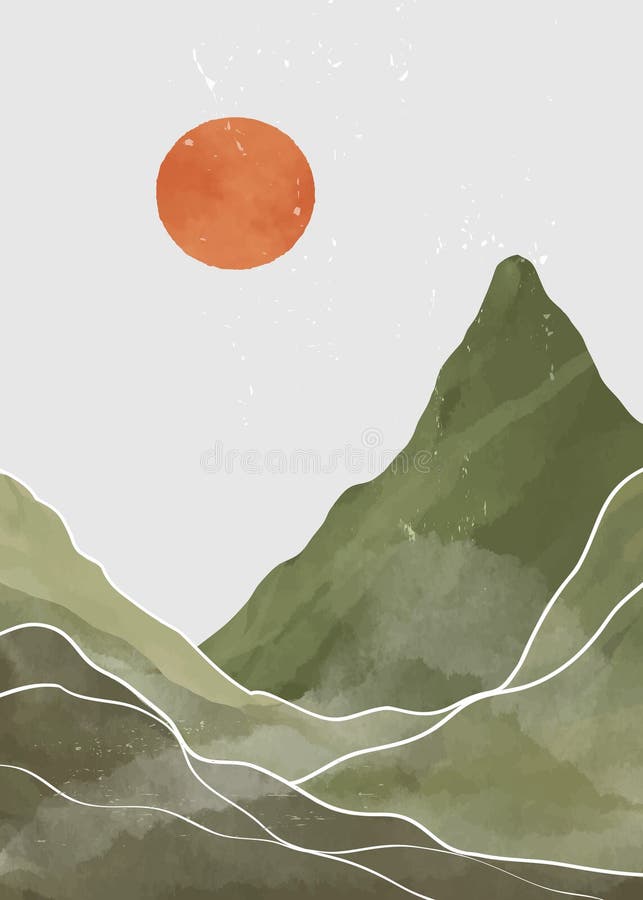 Ountain Landscape Illustration. Mid Century Modern Art Print Stock ...