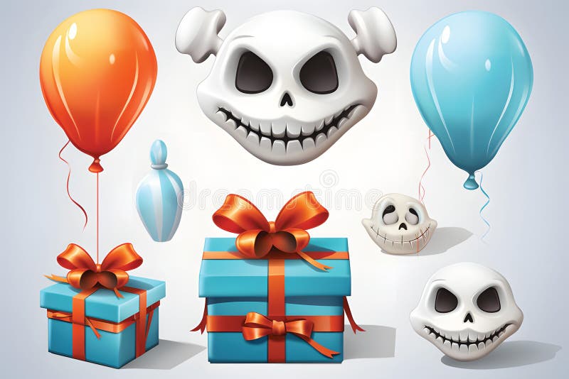 Set of Cartoon Skulls,gift Boxes and Ribbons.Vector Illustration ...