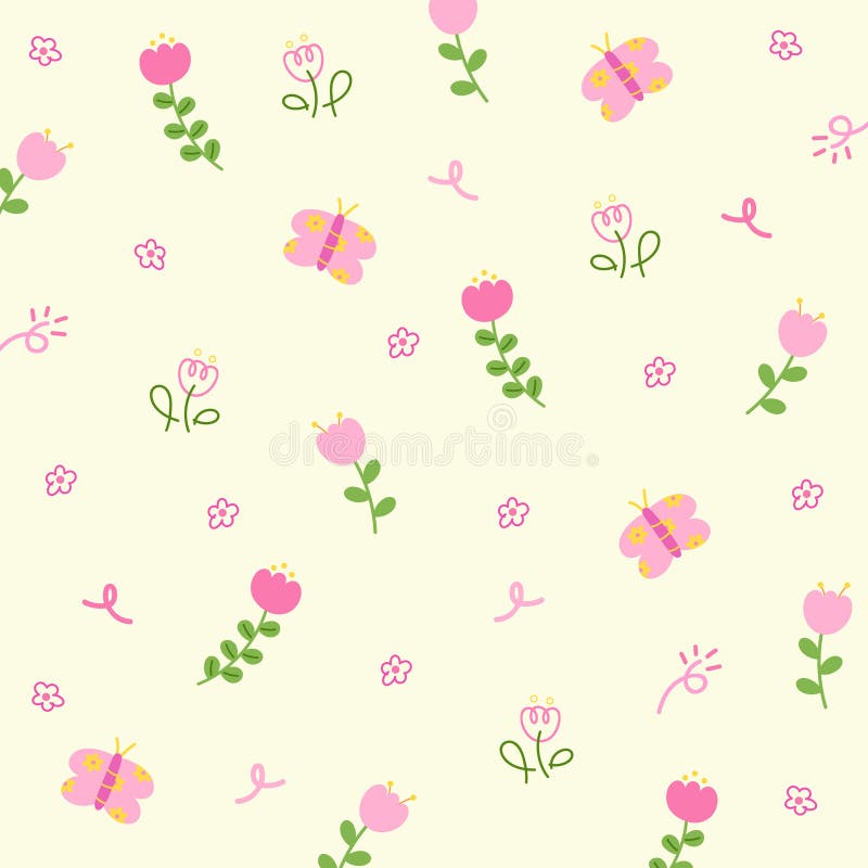 Pink Flowers, Butterfly on a Pastel Yellow Background for Summer ...