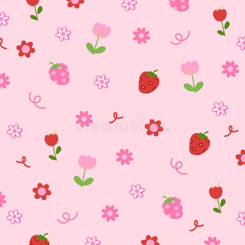 Flowers, Strawberry on a Pastel Pink Background for Summer Pattern ...