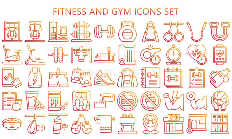 Fitness and Gym Gradient Outline Icons Pack. Stock Vector - Illustration of scale, icons: 288814594