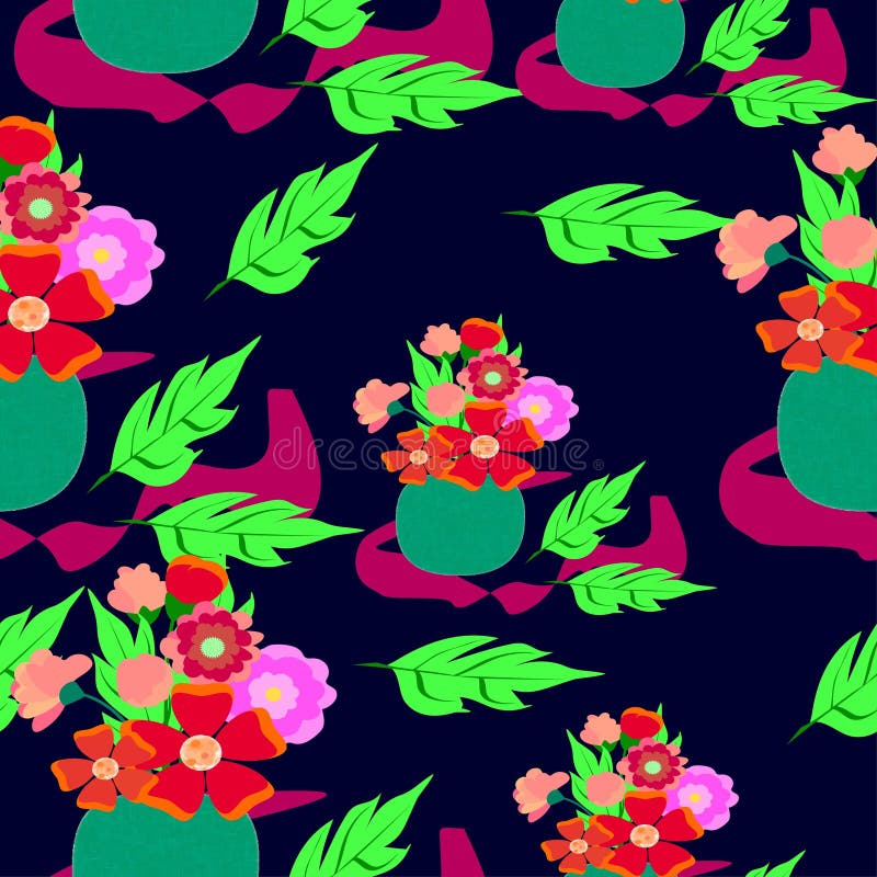 Flower Flora Vase Set Pattern, Tile Stock Vector - Illustration of ...