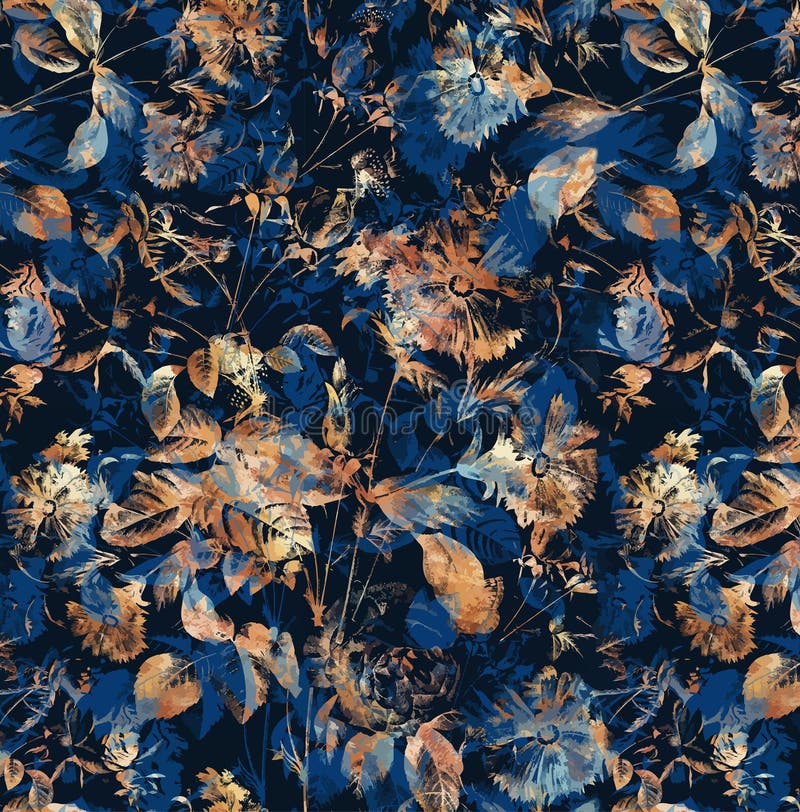 Seamless Floral Pattern. Golden Exotic Floral and Petals on a Navy Blue ...
