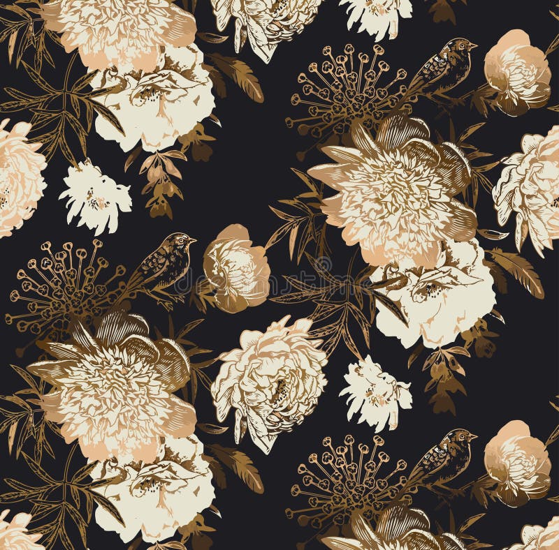 Seamless Flower Pattern. Golden Peony, Hydrangea, Rose Flowers and ...