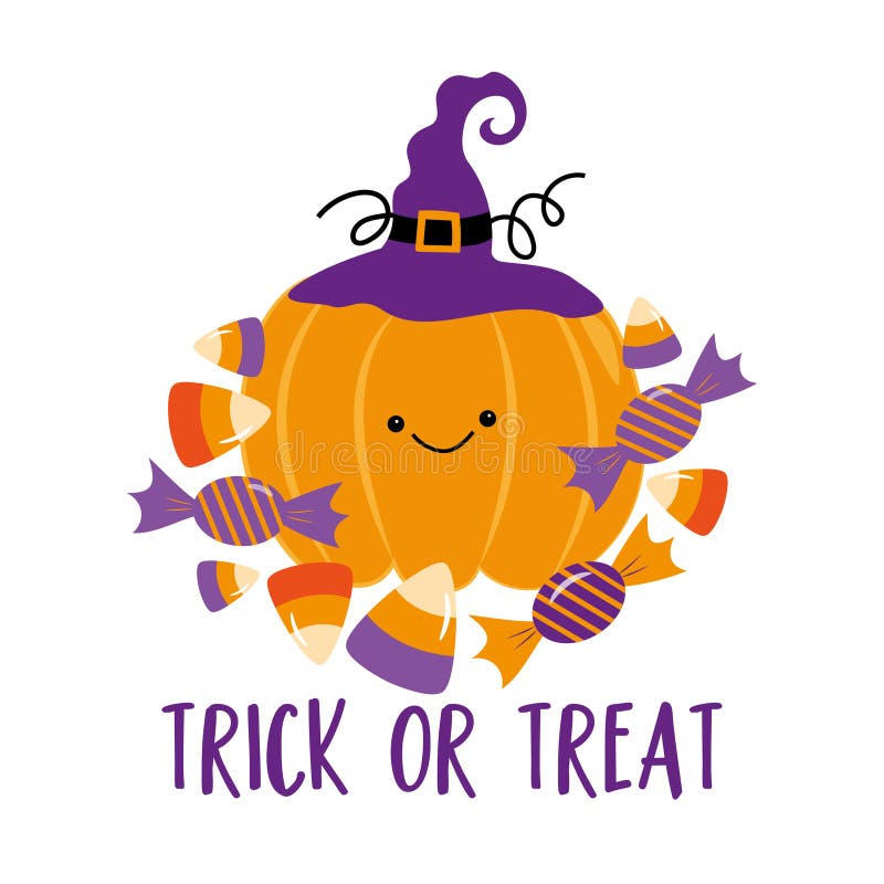 Trick or Treat - Cute Pumpkin in Witch Hat and with Candies. Stock ...
