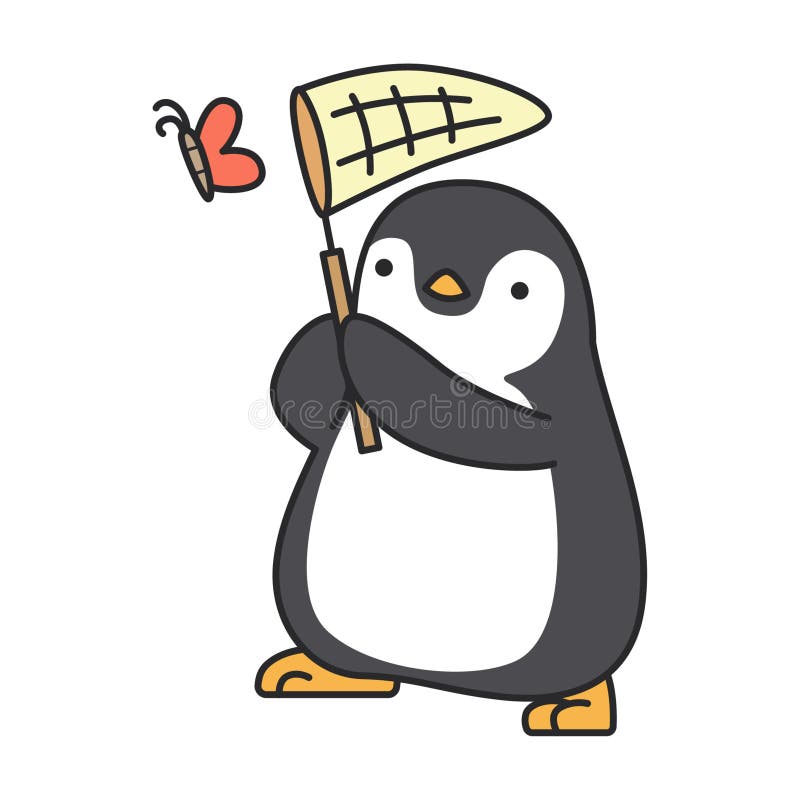 Cute Penguin Holding a Fishing Net and Butterfly Stock Illustration ...