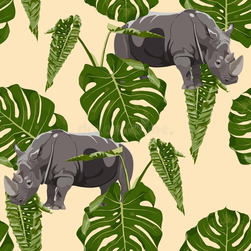 Wild Animals Tropical Pattern. Rhino, Monstera Seamless Pattern ...