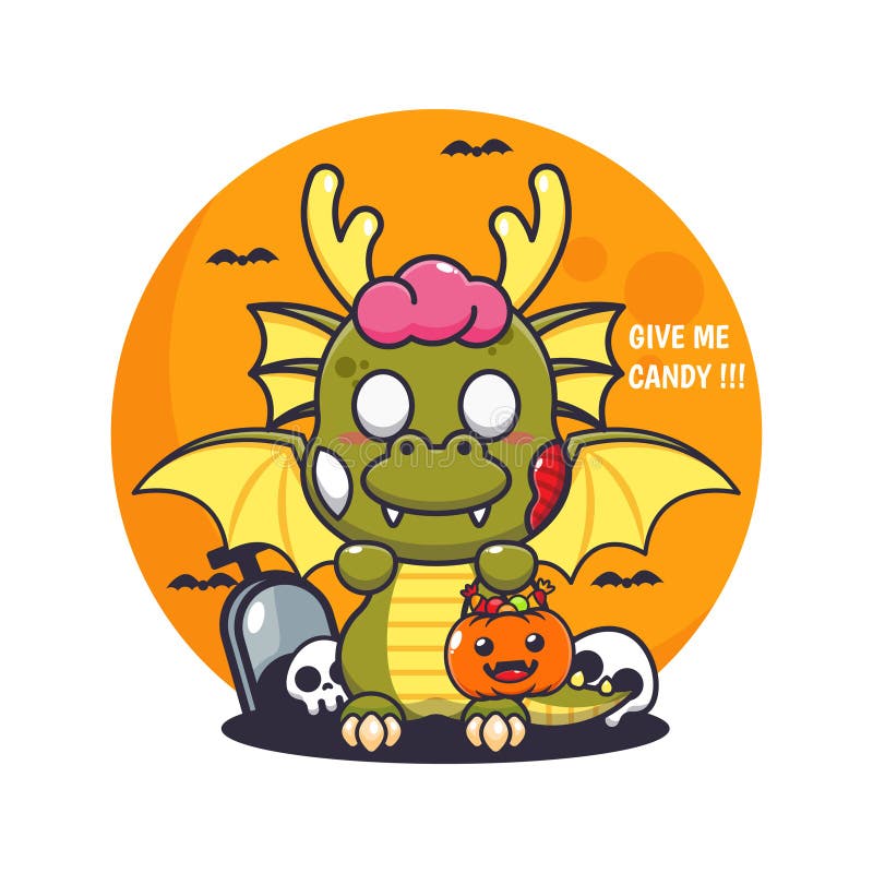 Zombie Dragon Want Candy. Cute Halloween Cartoon Illustration Stock ...