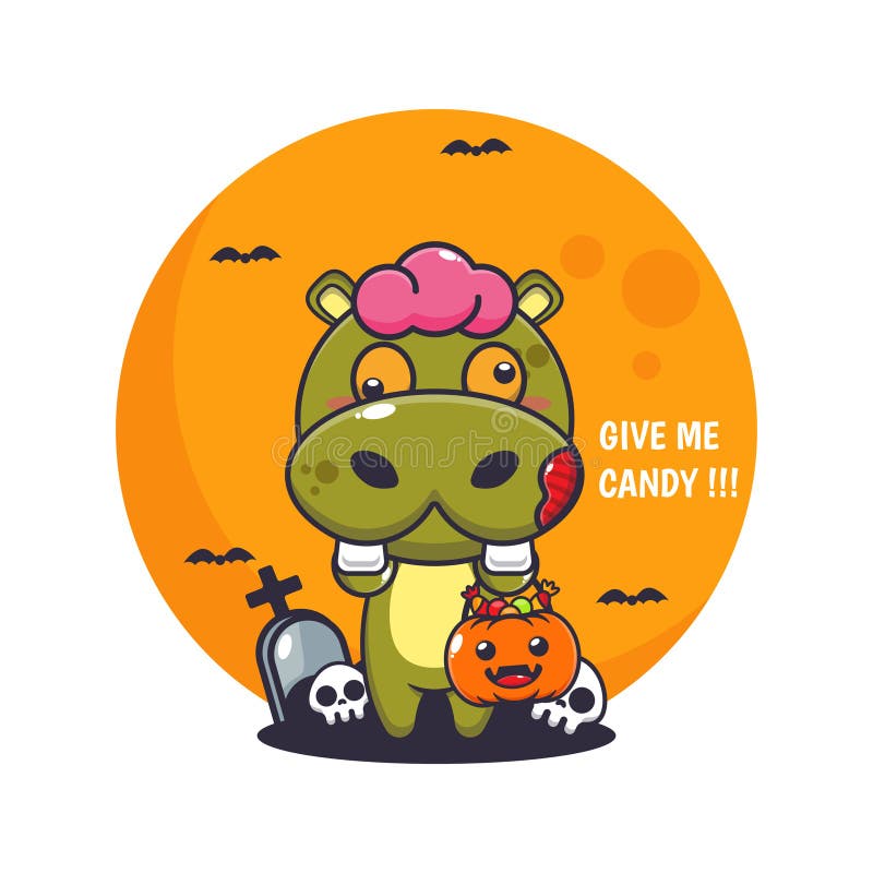 Zombie Hippo Want Candy. Cute Halloween Cartoon Illustration Stock ...