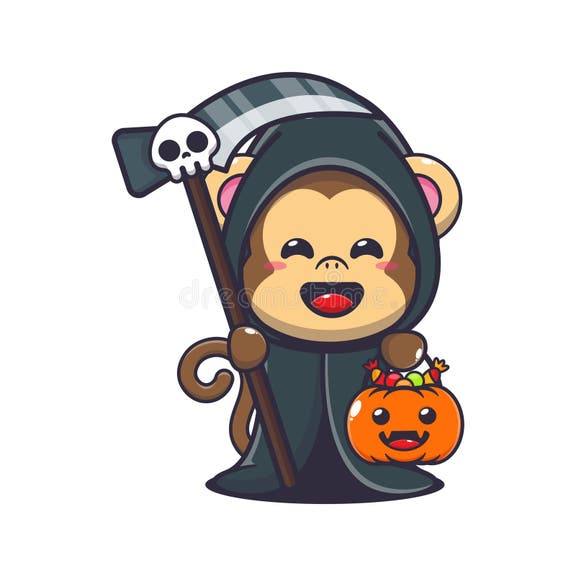 Grim Reaper Monkey Holding Scythe and Halloween Pumpkin. Stock Vector ...