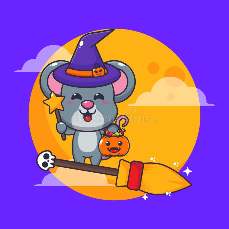 Witch Mouse Fly with Broom in Halloween Night. Stock Vector ...