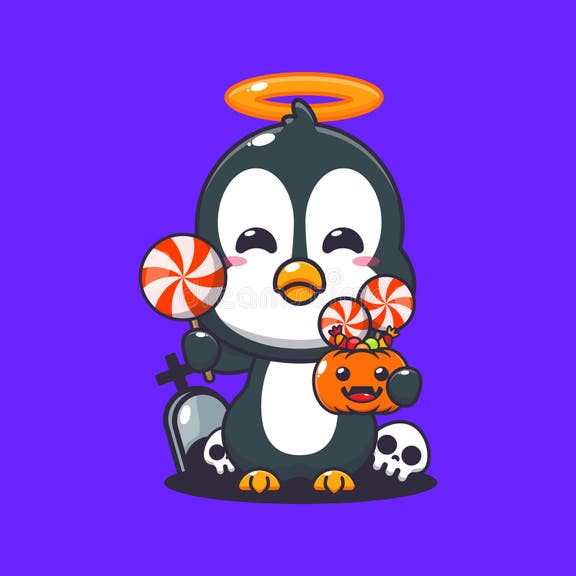 Cute Angel Penguin Holding Candy in Halloween Day. Cute Halloween ...