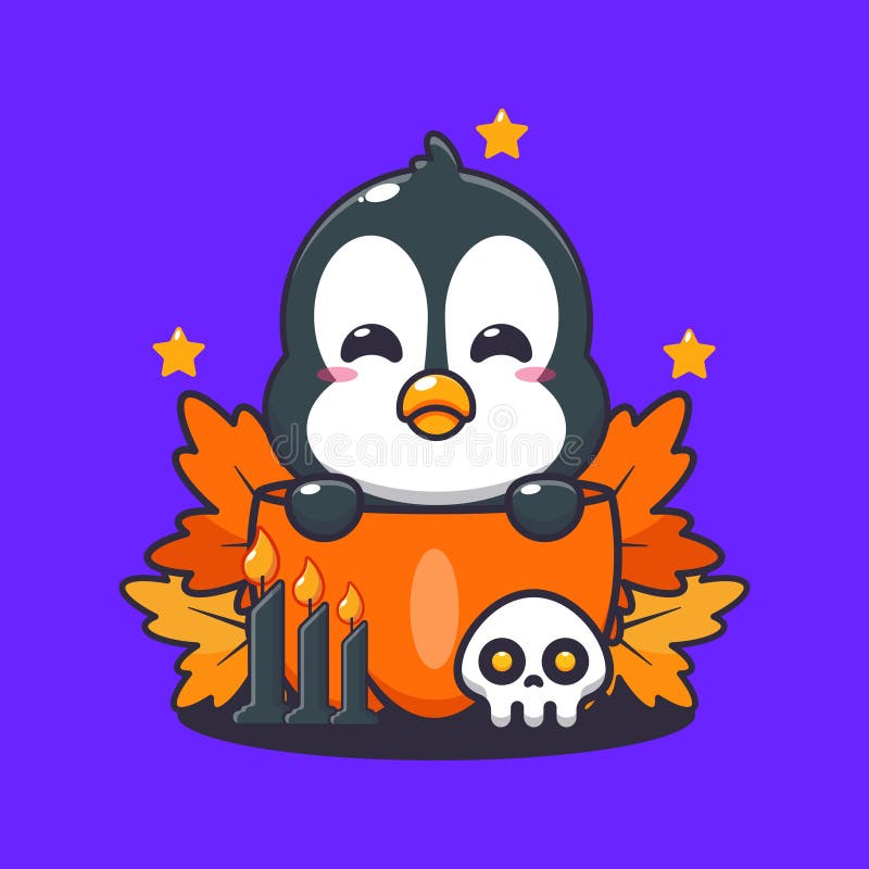 Cute Penguin in Halloween Pumpkin. Cute Halloween Cartoon Illustration ...