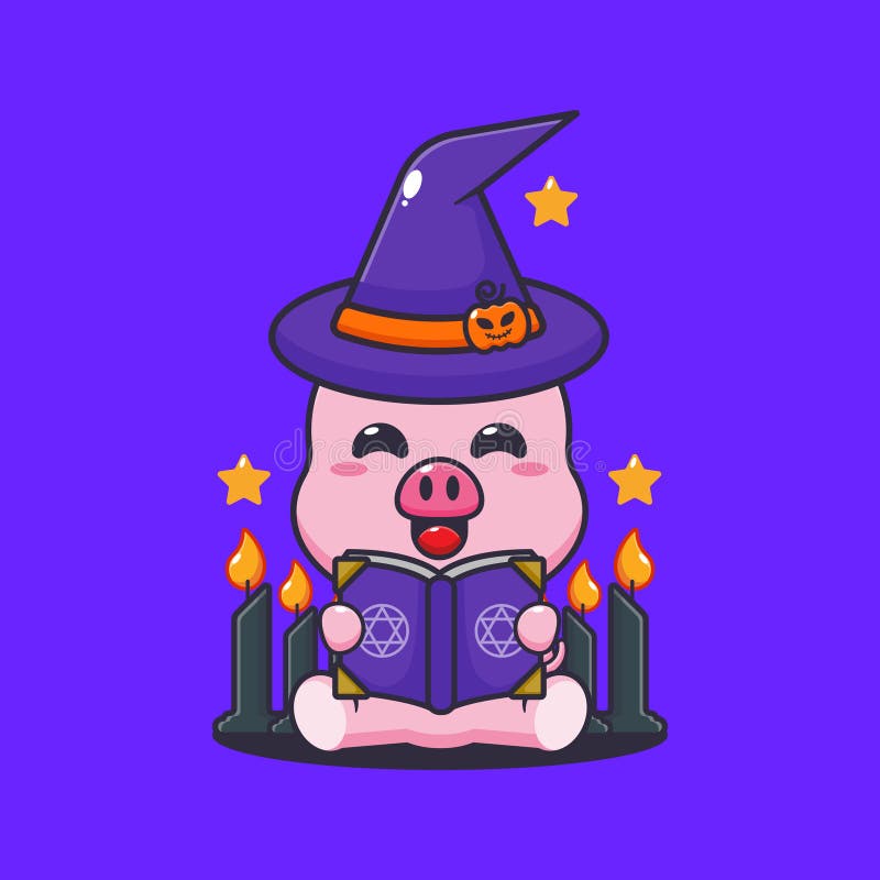 Witch Pig Reading Spell Book. Cute Halloween Cartoon Illustration Stock ...