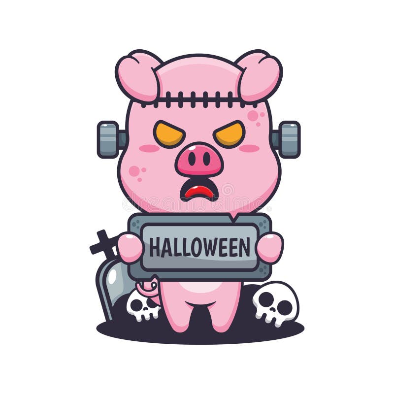 Zombie Pig Holding Halloween Greeting Stone. Cute Halloween Cartoon ...