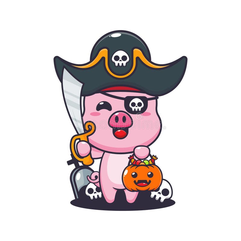 Pirates Pig in Halloween Day. Cute Halloween Cartoon Illustration Stock ...
