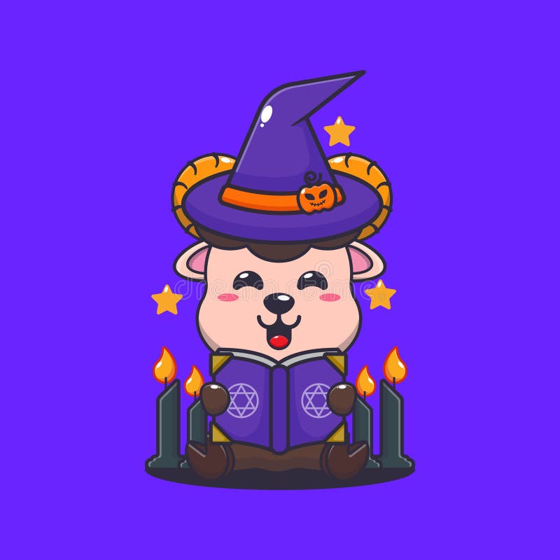 Witch Ram Sheep Reading Spell Book. Cute Halloween Cartoon Illustration ...