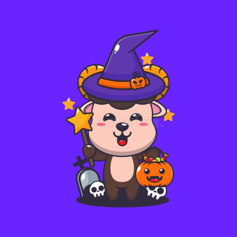 Witch Ram Sheep in Halloween Day. Cute Halloween Cartoon Illustration ...