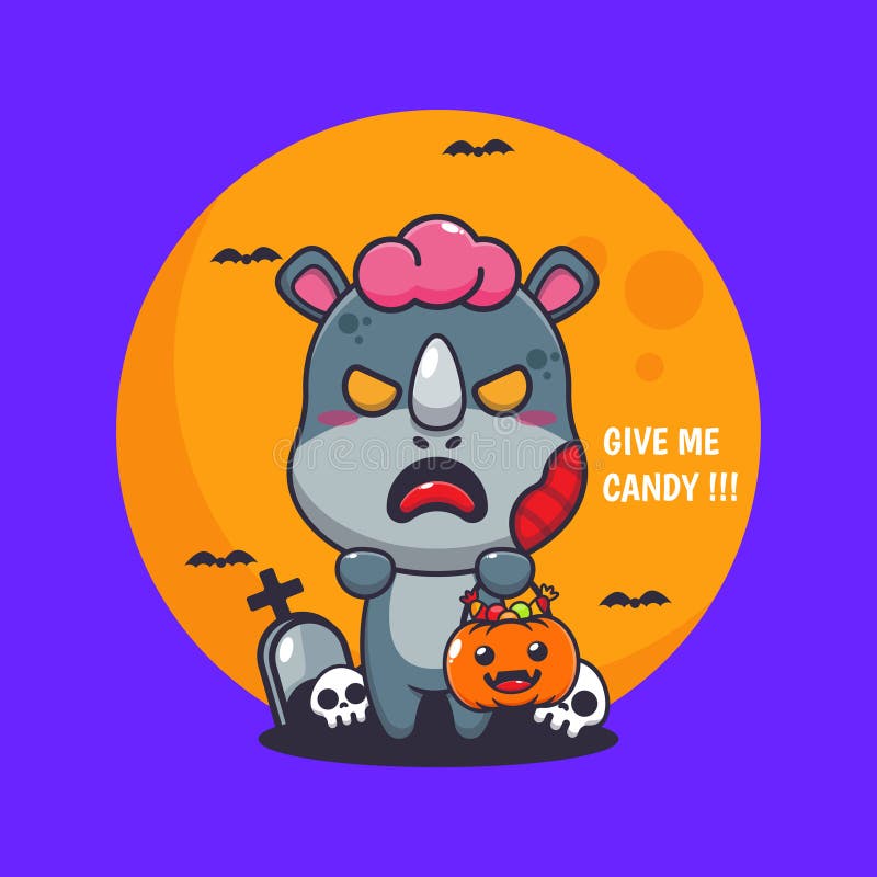 Zombie Rhino Want Candy. Cute Halloween Cartoon Illustration Stock ...