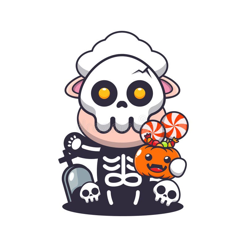 Cute Sheep with Skeleton Costume Holding Halloween Pumpkin. Stock ...