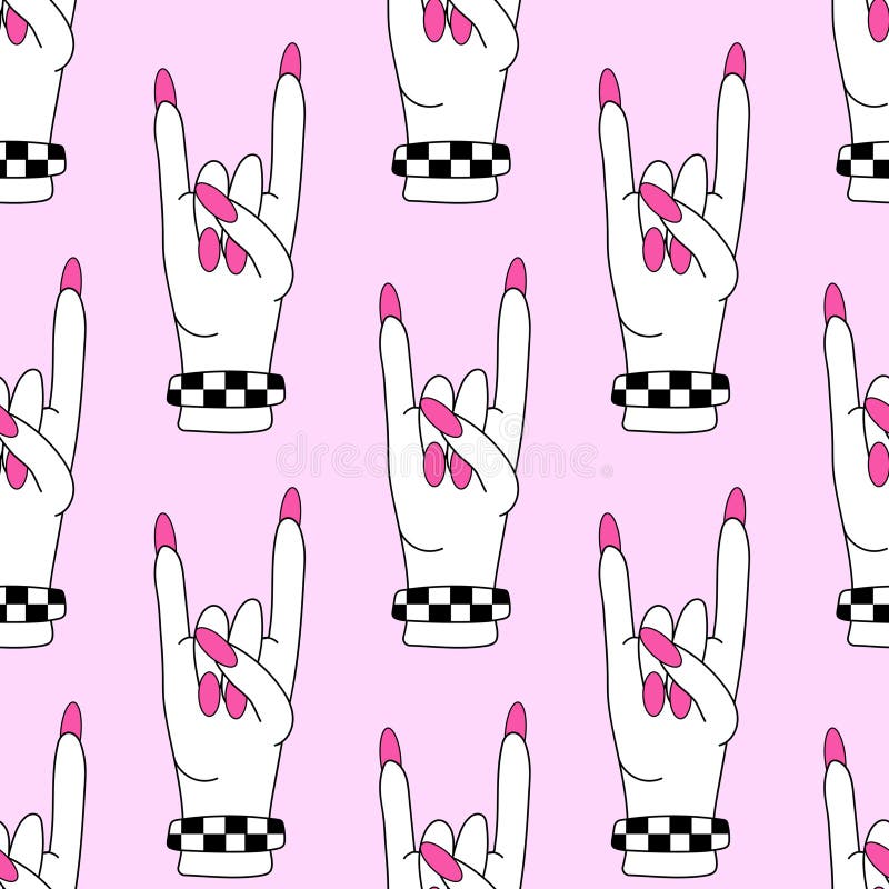 Pattern with Rock Sign Hand and Chessboard Wristband. Design Punk Metal ...